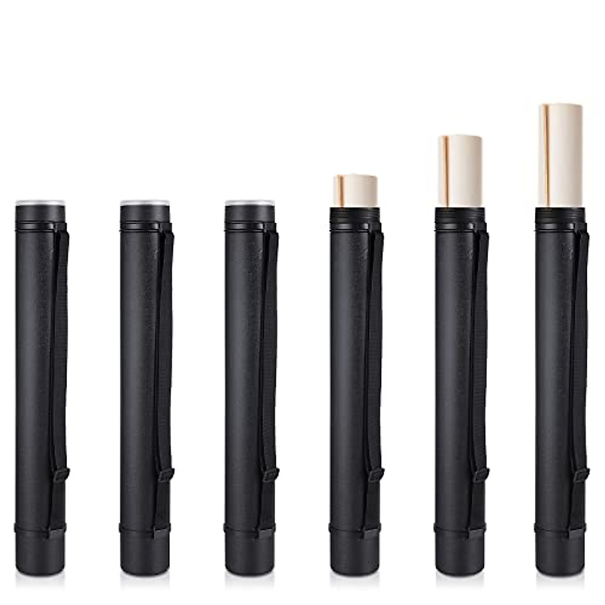 Henoyso 6 Pcs Black Poster Tube Bulk Extendable Blueprint Holder Expand from 24.5 to 40 Inch Portable Folder Organizer with Shoulder Straps and Lids for Maps, Documents, Drawings, Artworks, Scrolls