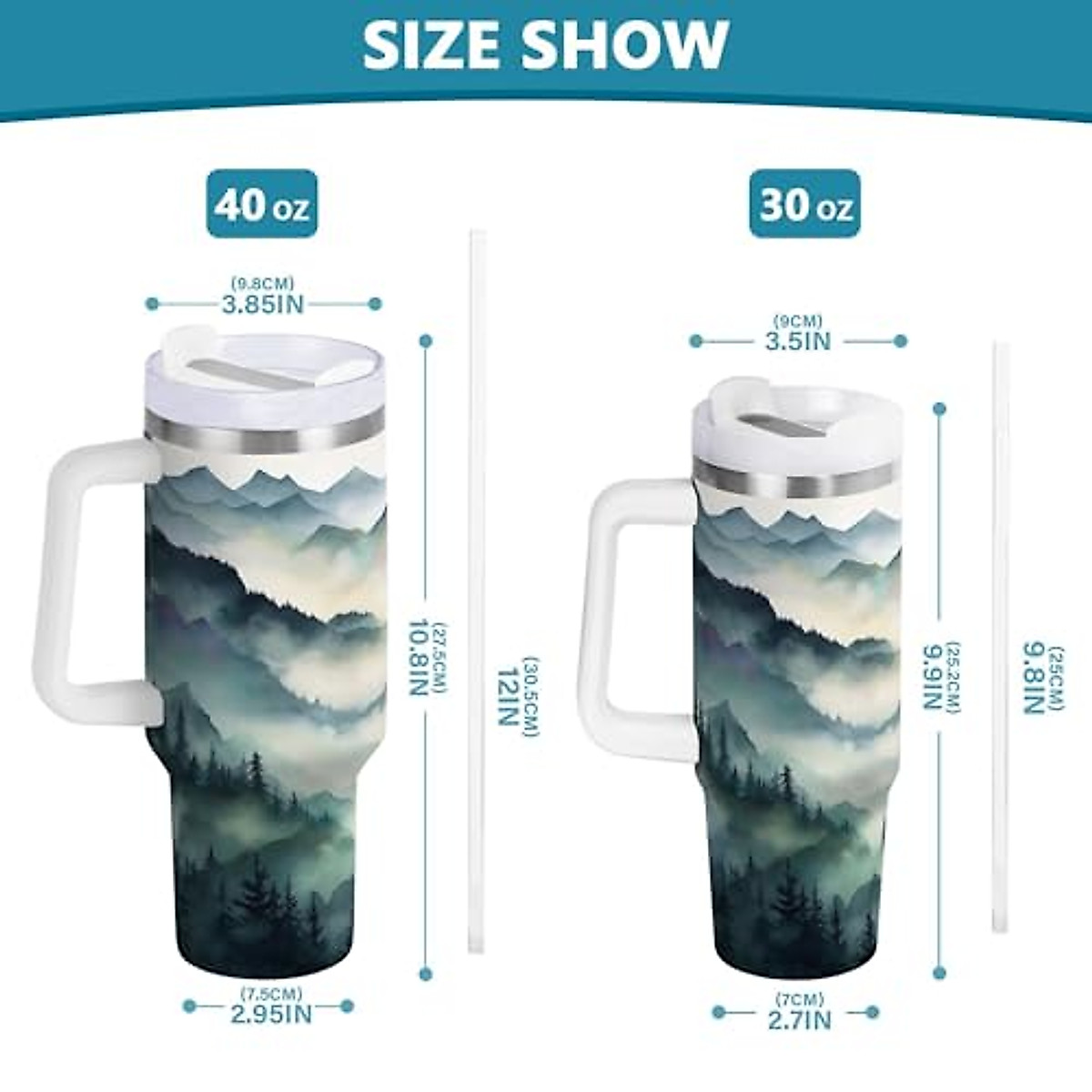 Qilmy 40 oz Mountain Forests Tumbler with Handle and Straw Lid for Water Iced Tea or Coffee, Stainless Steel Insulated Leak-proof Travel Coffee Mug Cup Gifts