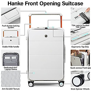 Hanke Carry On Luggage Airline Approved Hard Shell Suitcase with Spinner Wheels TSA Luggage Travel Suitcases Wide Handle for Men Women(Smoke White)