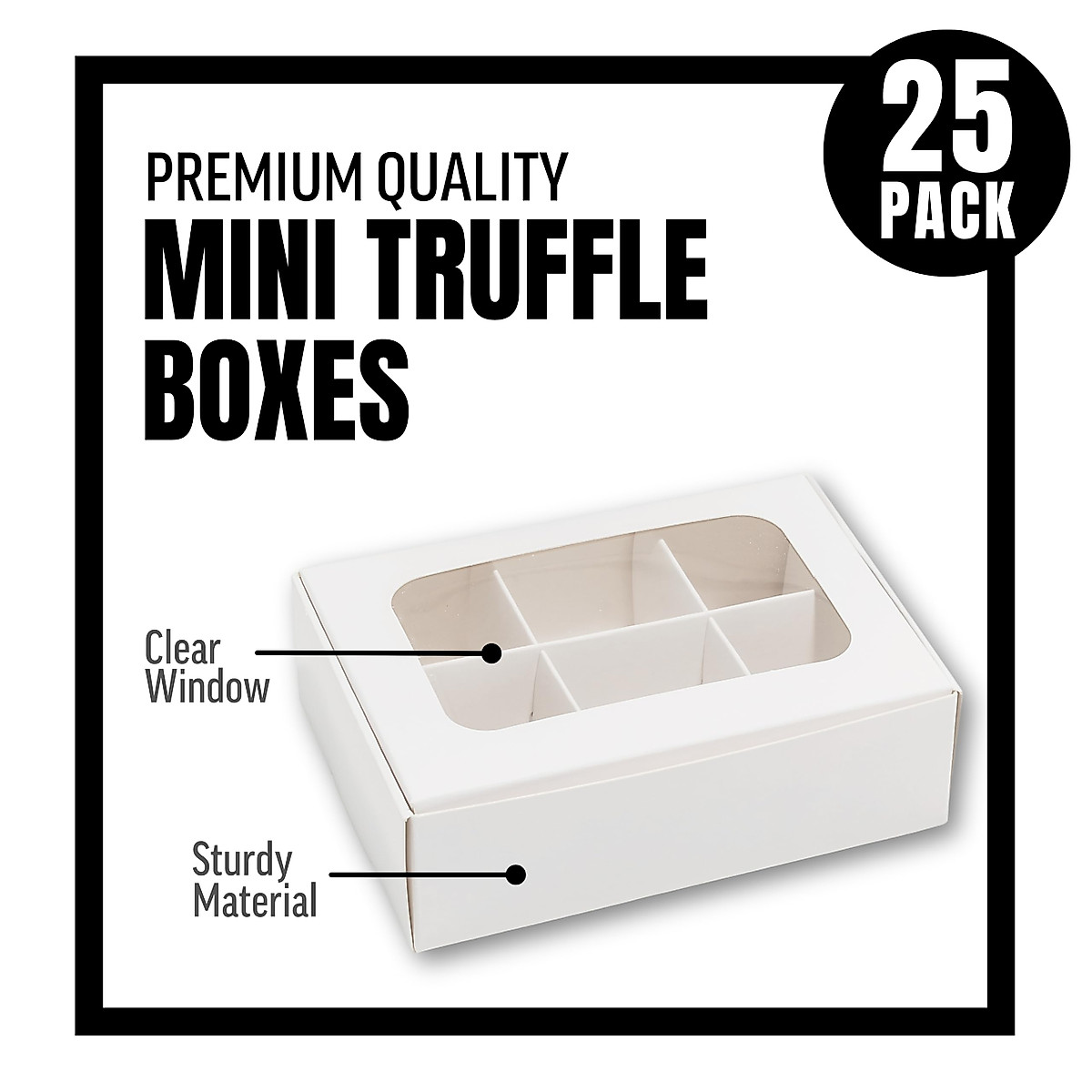 Modsy Baking Mini Truffle Boxes - White | VERY SMALL for 6 Treats - Window and Dividers | 5 x 3.5 x 1.57 Inches | Pack of 25
