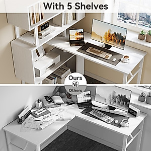 LITTLE TREE White Rotating Desk with Bookshelf, L-Shaped Computer Desk with Shelves, Reversible Writing Desk and Bookcase Combo with Storage for Home Office