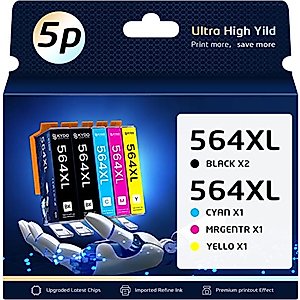 564XL Ink Cartridges for HP Printers 5-Pack Combo (2 Black, 1 Cyan, 1 Magenta, 1 Yellow) Works with Photosmart 7520 7525 5520 6520 6525 5510 6510 7510, DeskJet 3520 3522, OfficeJet 4610 4620 Printers