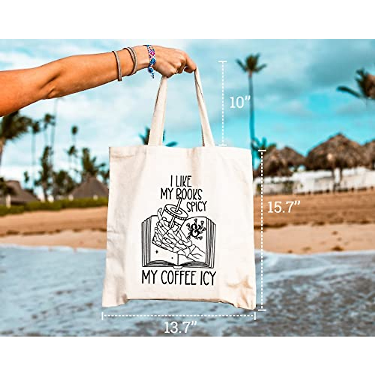 GXVUIS I Like My Books Spicy and My Coffee Icy Canvas Tote Bag for Women Aesthetic Reusable Eco-Friendly Grocery Shopping Bag White