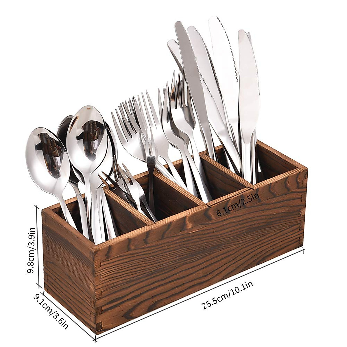ALL Music-box Wooden Silverware Caddy, Kitchen Utensil Holder with 4 Adjustable Compartments, Silverware Storage Kitchen Flatware Caddy
