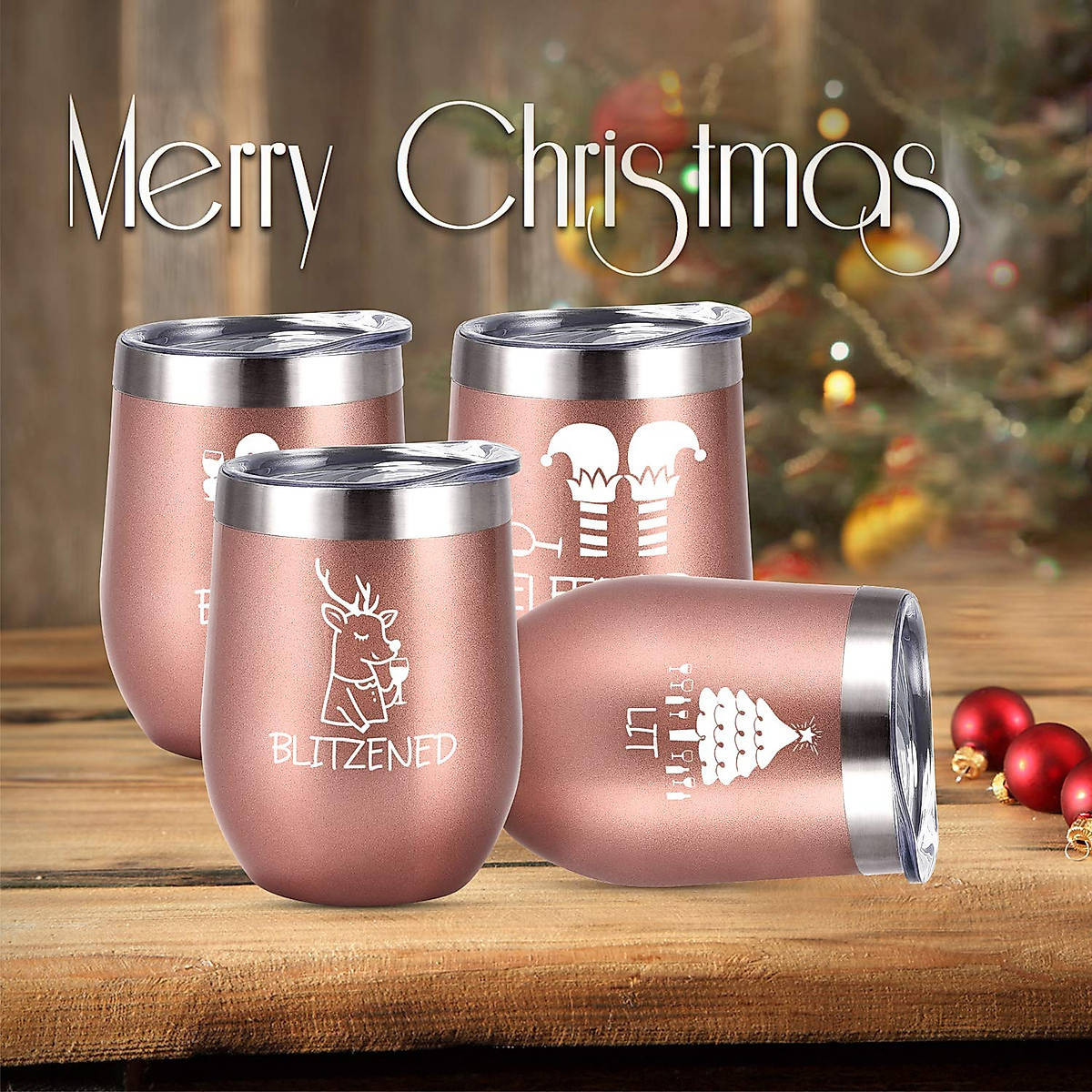 GINGPROUS Christmas Funny Wine Tumbler Set, 12 Oz Stainless Steel Wine Tumbler for Women Friends Men, Gift Idea for Christmas Xmas Wedding Party, Set of 4, Rose Gold