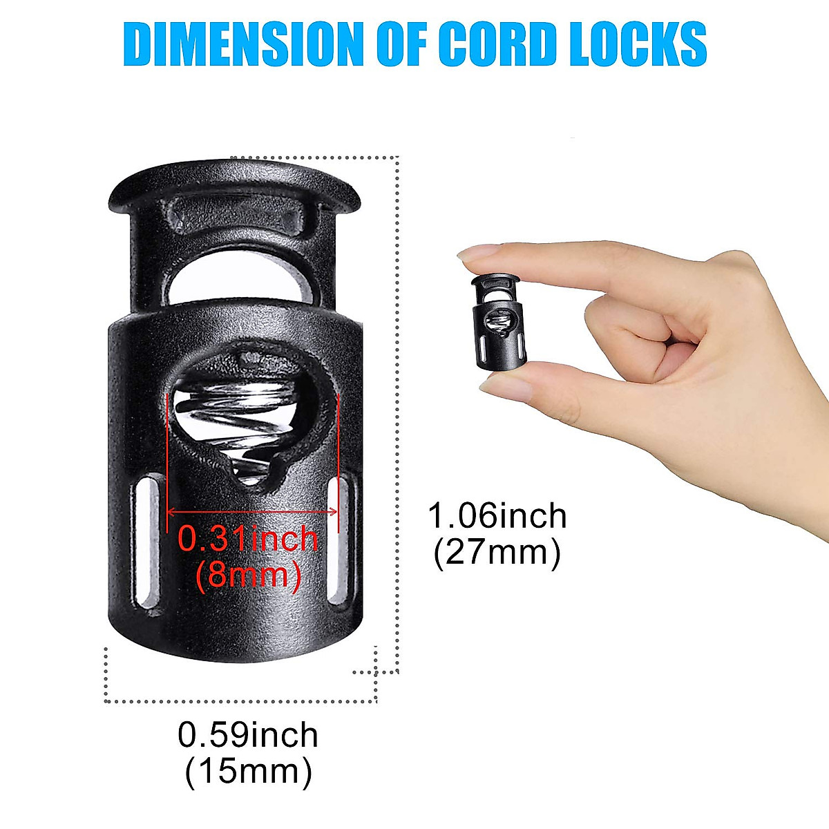 AQRINGO Plastic Cord Locks Upgraded Single Hole Spring Toggle Stopper Cord Stops Fastener Toggles for Shoelaces, Drawstrings, Paracord, Bags, Clothing, and More (10Pcs, Black)