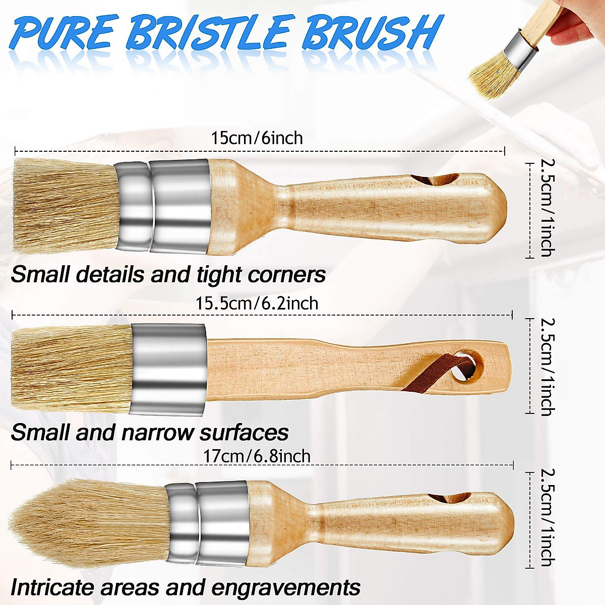 3 Pieces Chalk and Wax Paint Brushes Bristle Stencil Brushes for Wood Furniture Home Decor, Including Flat, Pointed and Round Chalked Paint Brushes (Burlywood)