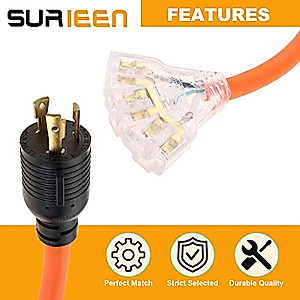 SURIEEN 30 Amp to 15 Amp Adapter Generator Power Cord, 3 Prong NEMA L5-30P Male Plug to 3X 5-20R/5-15R Female, Connectors Adapter Cord with Lighted End, 1.5 FT