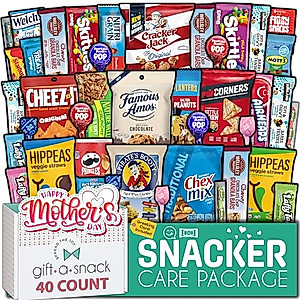 Gift A Snack - Mothers Day Snack Box Variety Pack Care Package + Greeting Card (40 Count) Sweet Treats Gift Basket, Candies Chips Crackers Bars, Crave Food Assortment