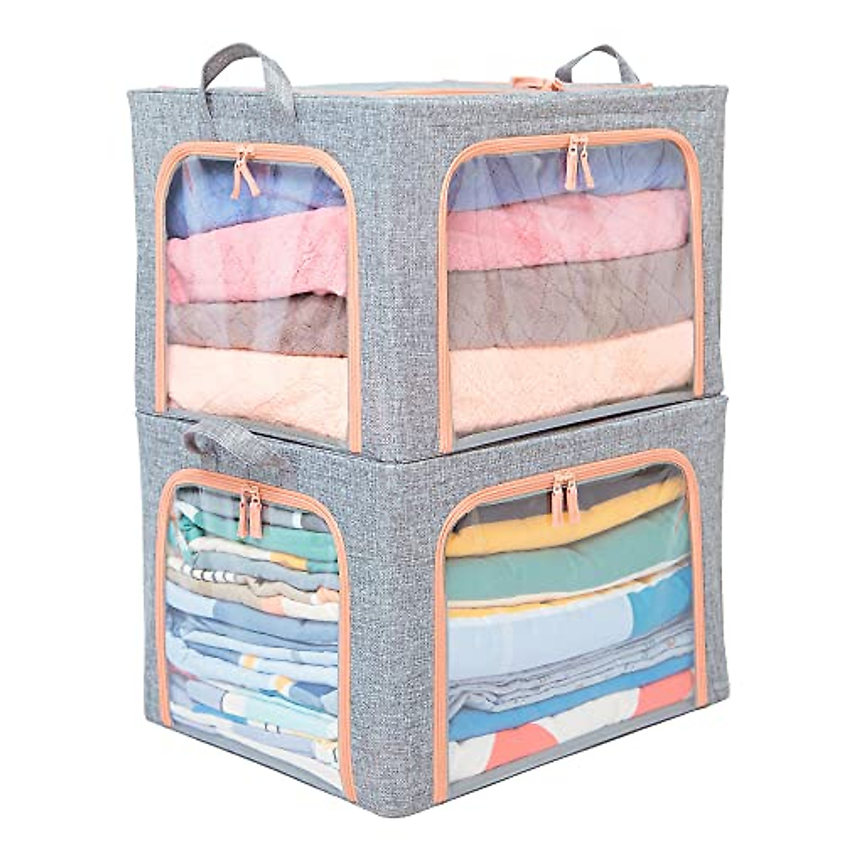 Tasmegol 2 Pack 66L Linen Fabric Clothes Storage Organizer Bins with 3 Opening Stackable Steel Frame Clothing Closet Containers Bags Foldable Clear Window Cloth Box for Sweater Bedding (Grey)