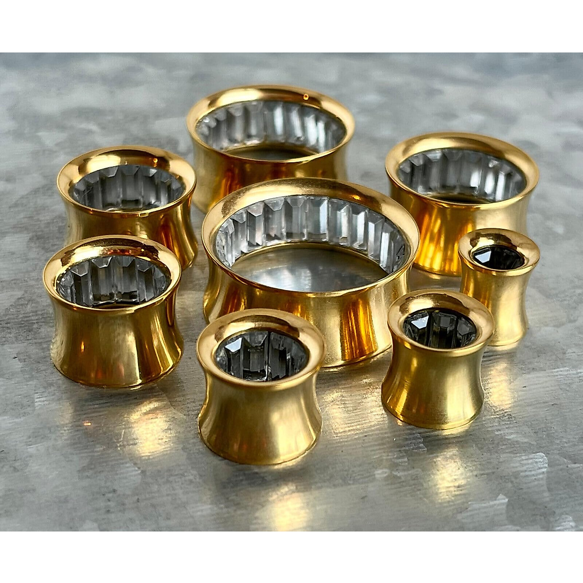 Lobal Domination PAIR of Inner Clear Square Gems & Gold Ion Plated Steel Saddle Tunnels Double Flare Plugs Gauges (7/8" (22mm))