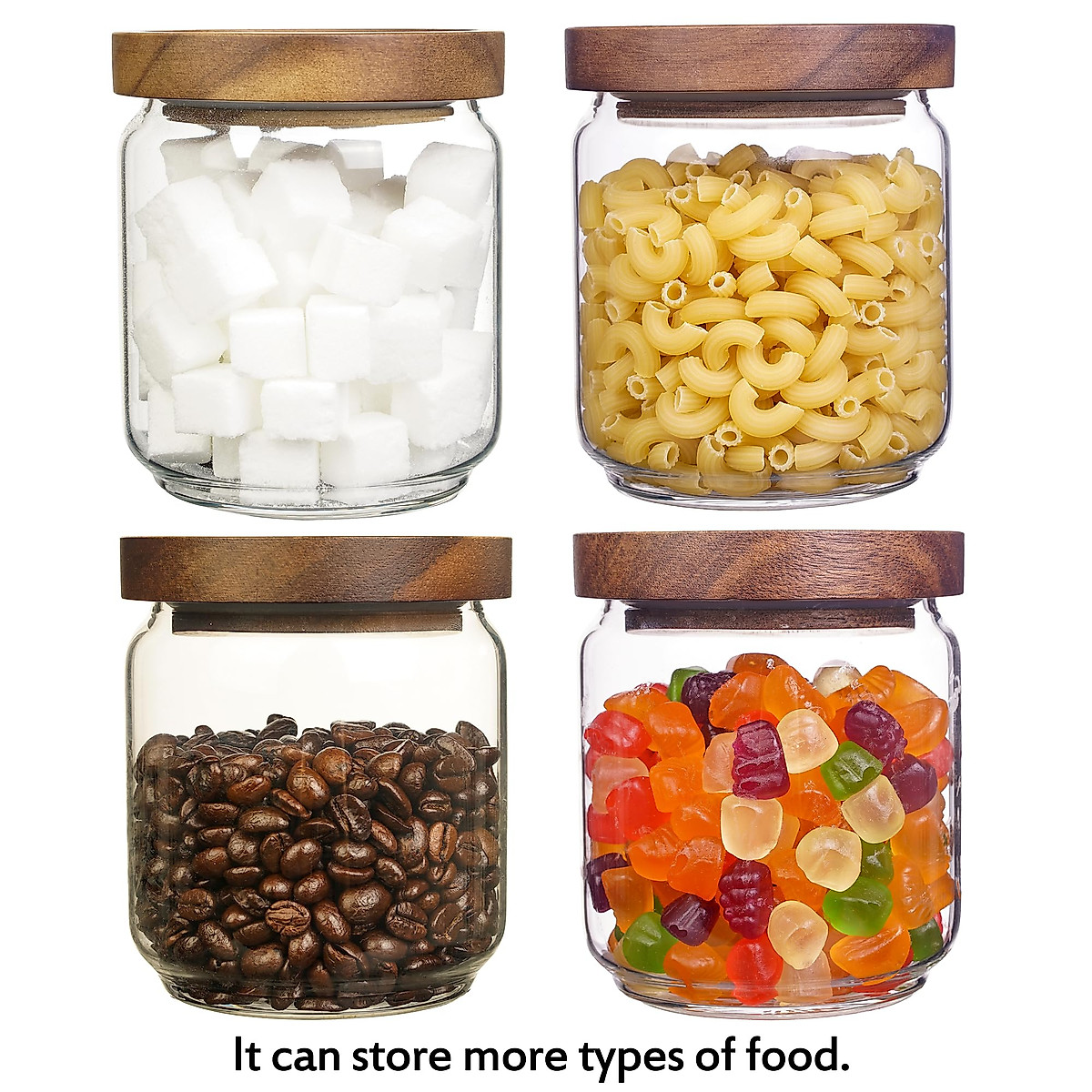 Yeahey Glass storage jars with wooden lids, food storage jars, glass kitchen jars, transparent containers for coffee bean storage, biscuit/candy/spice/tea/Pasta/Nuts storage jars (15oz*2)