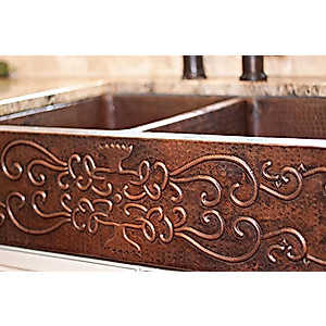 Premier Copper Products KA50DB33229S 33-Inch Hammered Copper Kitchen Apron 50/50 Double Basin Sink with Scroll Design, Oil Rubbed Bronze