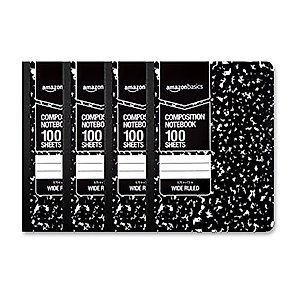 Amazon Basics Wide Ruled Composition Notebook, 100 Sheets, Marble Black, 4-Pack