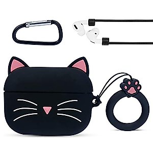 Airpods Pro Case Cute Cat Kitty Silicone Cover 3D Anime Cartoon Kawaii Funny Novelty Cool Protective Carrying Skin with Anti-Lost Strap Carabiner for Girls Women Kids Airpod 3 Wirless Charging Case