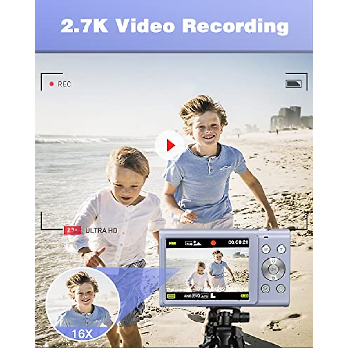 Digital Camera 2.7K 48MP Vlogging Camera, Auto Focus Digital Point and Shoot Camera with 32GB Memory Card,16X Zoom, Time Lapse Digital Cameras for Kids Teenagers Students Boys Girls,Purple