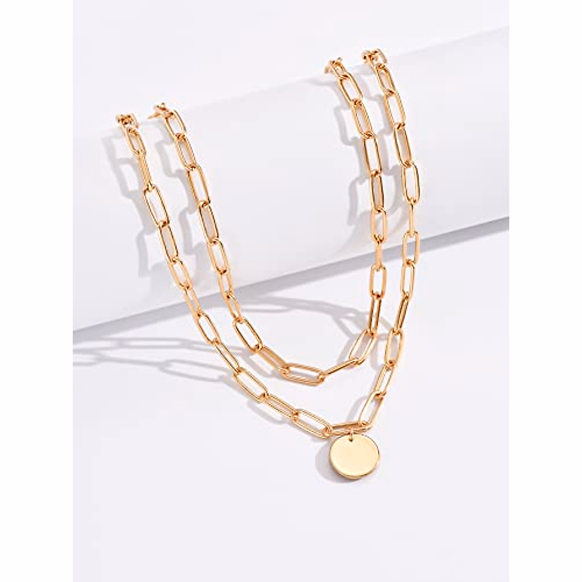 GORGLITTER Women's Round Pendant Layered Necklace Paperclip Chain Necklaces Gold One Size