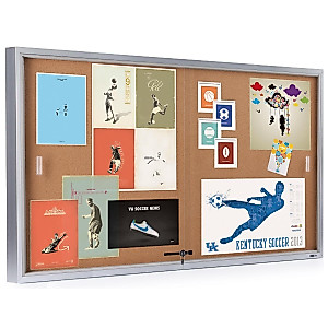 5' x 3' Enclosed Bulletin Board with Sliding Glass Doors, Cork Board Display Surface, 60" x 36" Message Board for Wall Mount, Mounting Bracket Included, Silver, Aluminum Frame
