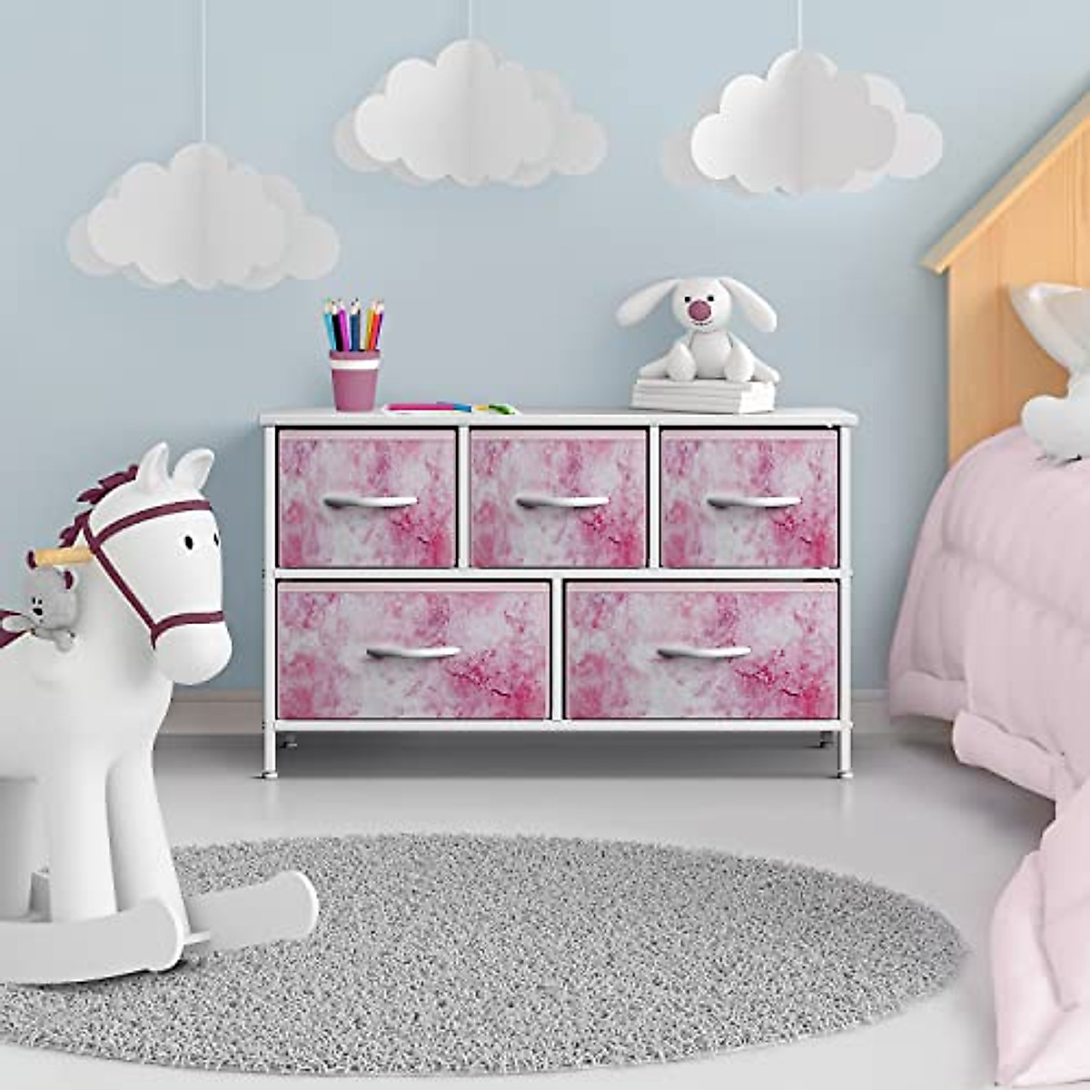 Sorbus Kids Dresser with 5 Drawers - Storage Chest Organizer Unit with Steel Frame, Wood Top, Easy Pull Fabric Bins - Long Wide TV Stand for Bedroom Furniture, Hallway, Closet & Office Organization