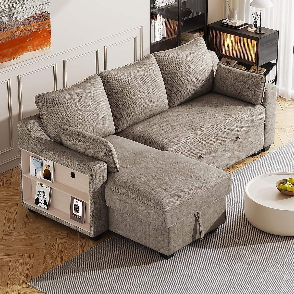 90" Pull Out Sleeper Sofa L-Shaped Couch, Sectional Sofa Bed with Storage Chaise, Storage Racks and USB Ports for Living Room, Apartment, Office, Light Brown