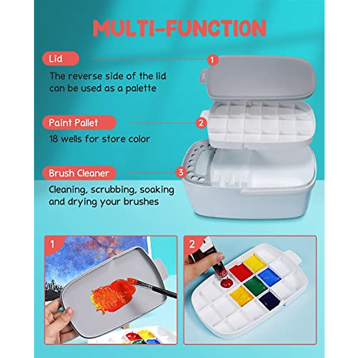 GAMENOTE Paint Brush Cleaner - Paint Brush Holder with Palette and Handle, Paint Brush Rinser for Acrylic, Watercolor, and Water-Based Paints