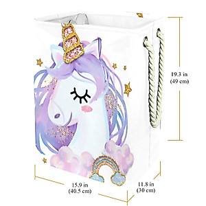 Laundry Hamper Unicorn Girl Toy Storage Collapsible Clothes Basket Folding Washing Bin With Handles 19.3x11.8x15.9 in