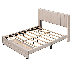 Bellemave Queen Size Bed Frame with A Storage Drawer, Velvet Upholstered Platform Bed with Wingback Vertical Channel Tufted Headboard, No Box Spring Needed, Beige