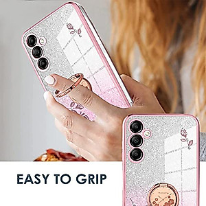 Bonoma Case for Samsung Galaxy A14 with 360°Rotatable Ring Holder Kickstand, Cute Luxury Saprkle Glitter Pretty Pink Flowers Floral Shiny Bling Sparkle Cover Shell for Women Girls