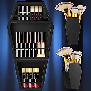 Homde Large Makeup Coffin Shelf with 2 Coffin Brush Holders Solid Wood - 3 Shelf Coffin Holder for Gothi Decor - Free Standing/Wall Hanging Spooky Coffin Decor for Bedroom or Bathroom