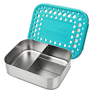 LunchBots Medium Trio II Snack Container - Divided Stainless Steel Food Container - Three Sections for Snacks On the Go - Eco-Friendly, Dishwasher Safe, BPA-Free - Stainless Lid (Aqua)