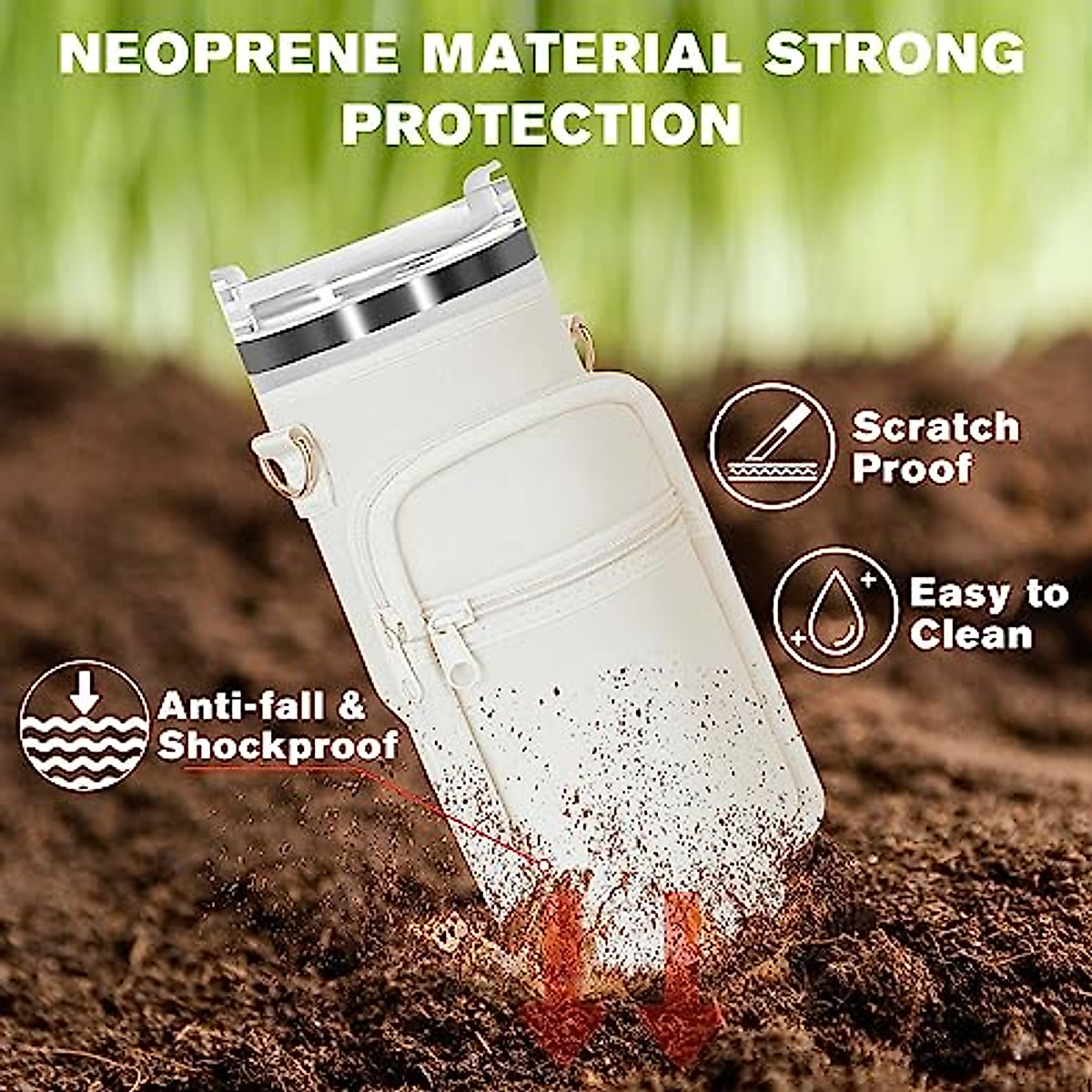 NECARSIN Water Bottle Holder Bag for Stanley Quencher Tumbler 40 oz,Water Bottle Carrier with Adjustable Shoulder Strap,Stanley Cup Accessories for Walking Travelling Camping(Cream)