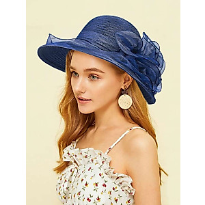 Wide-Brim-Kentucky-Hat Sun-Hat for Womens Foldable UV-Protection Summer-Derby-Tea-Party-Fascinator-Hats(M/L) Navy