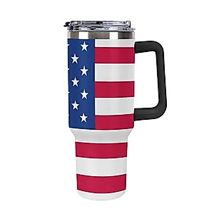 40 oz Tumbler, Large Capacity with Handle and Straw Travel Insulated Tumblers, Red Blue White American Flag Stainless Steel Cup for Women, Men