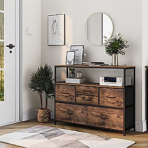 Simoretus TV Stand with Power Outlet and Fabric Drawers Entertainment Center for TV up to 45 inch Industrial Open Storage Shelf Media Console Dresser for Living Room Bedroom