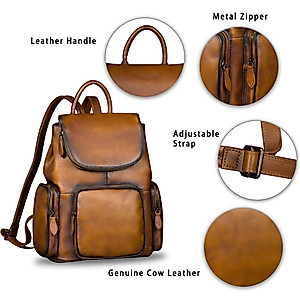 IVTG Genuine Leather Backpack for Women Vintage Real Leather Rucksack Fashion Knapsack Purse Daypack Bag High Capacity (Brown)