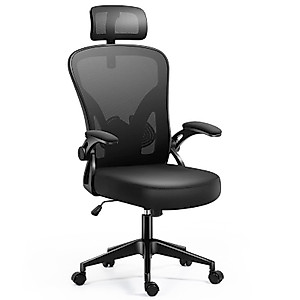 Darkecho Office Chair,Ergonomic Desk Chair with Adjustable Headrest and Lumbar Support,High Back Mesh Computer Chair with Padded Flip-up Armrests,Swivel Task Chair,Tilt Function,Black