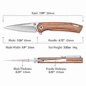 TRIVISA Folding Pocket Knife for Men，Outdoor EDC Flipper Knives with Clip, 3.26" 154CM Steel Blade & Micarta Handle，Ball Bearings Pivot,Gift for Camping Fishing Hiking Survival.Volans-04O