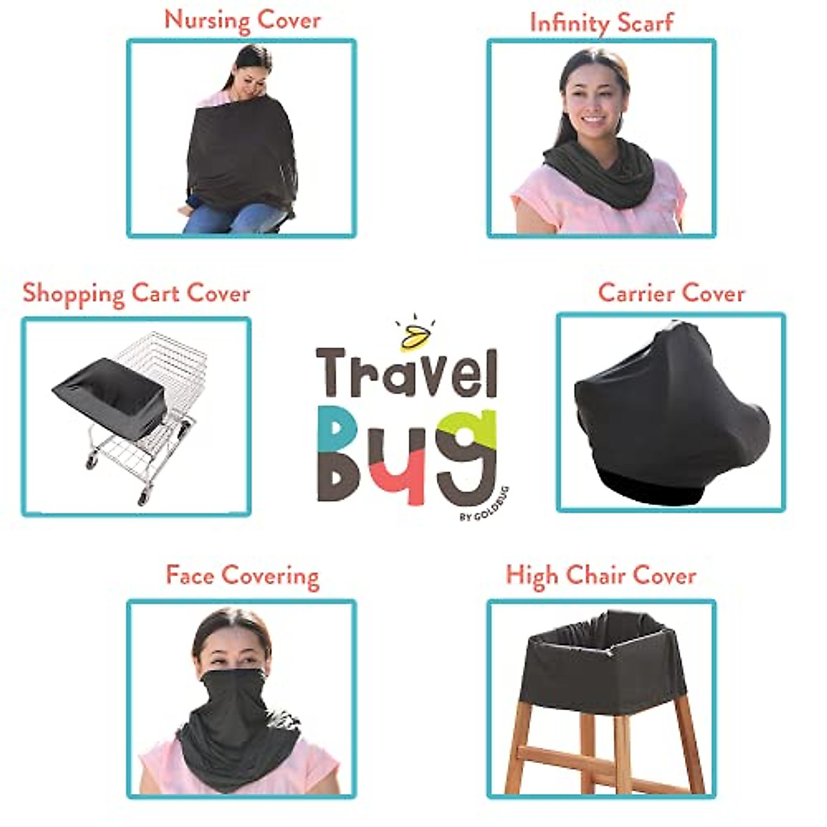 Travel Bug 5-in-1 Nursing Cover and Car Seat Cover for Babies, Charcoal Heather Grey