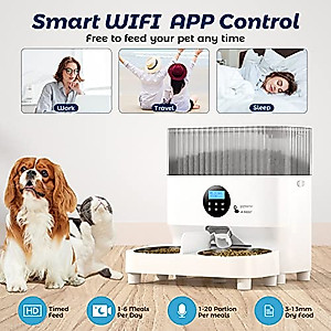 Sobralik Elevated Automatic Cat Feeder for Two Cats, 5L Dry Food Dispenser with Splitter and Two Stainless Bowls, 4 Meal Per Day and Portion Control, 10s Voice Recorder, Dual Power Supply