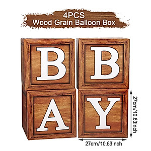 Baby Shower Boxes Party Decorations - 4 Wood Grain Brown Blocks with BABY Letter, Printed Letters,First Birthday Centerpiece Decor, Teddy Bear Baby Shower Supplies, Gender Reveal Backdrop