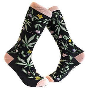 Crazy Dog T-Shirts Womens Flowers And Weed Socks Funny Graphic Sock Fun Pattern Hilarious Marijuana 420 Humor Footwear