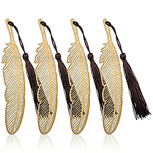 Wooden Sword Bookmark, Unique Bookmarks for Book Lovers Anime Bookmark with Tassels, Vintage Mini Sword Book Marks Handmade Bamboo Bookmark for Women Men Reading Page Markers (4PCS) (Feather Bookmark)