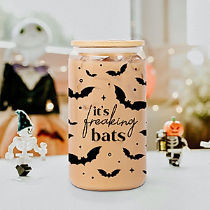 Lovearth Halloween Bats Cup, Gothic Bat Iced Coffee Cup, 16oz Halloween Glass Cup with Lid and Straw, Spooky Gifts, Cute Halloween Gifts for Women, Men, Bat Lovers, Gifts for Halloween Lovers
