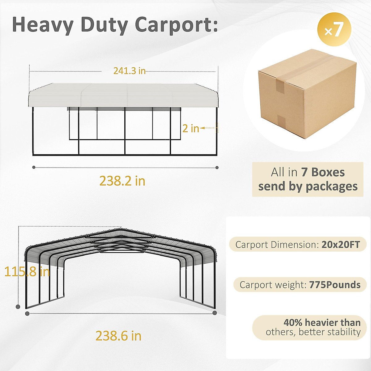 MUPATER Outdoor Carport, 20' x 20' Heavy Duty Canopy for Garage, Car Garage Shelter with Metal Roof and Frame for Car, White