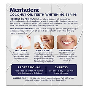 Mentadent Teeth Whitening Strips - 24 Strips (12 Day Treatment) with Coconut Oil for Sensitive Teeth & Gum, Enamel Safe, Non-slip Technology, Teeth Whitening for Stains of Coffee, Smoking, No Parabens