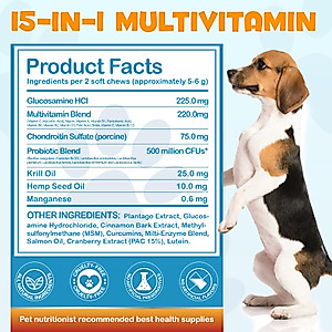 Dogs Multivitamin Chews, for Gut, Skin and Heart Health, Nutrition Supplements for Digestion, Immune System, Dog Treats with Glucosamine, Probiotic, Chondroitin and Hemp Oil, 120 Chews, Duck Flavor