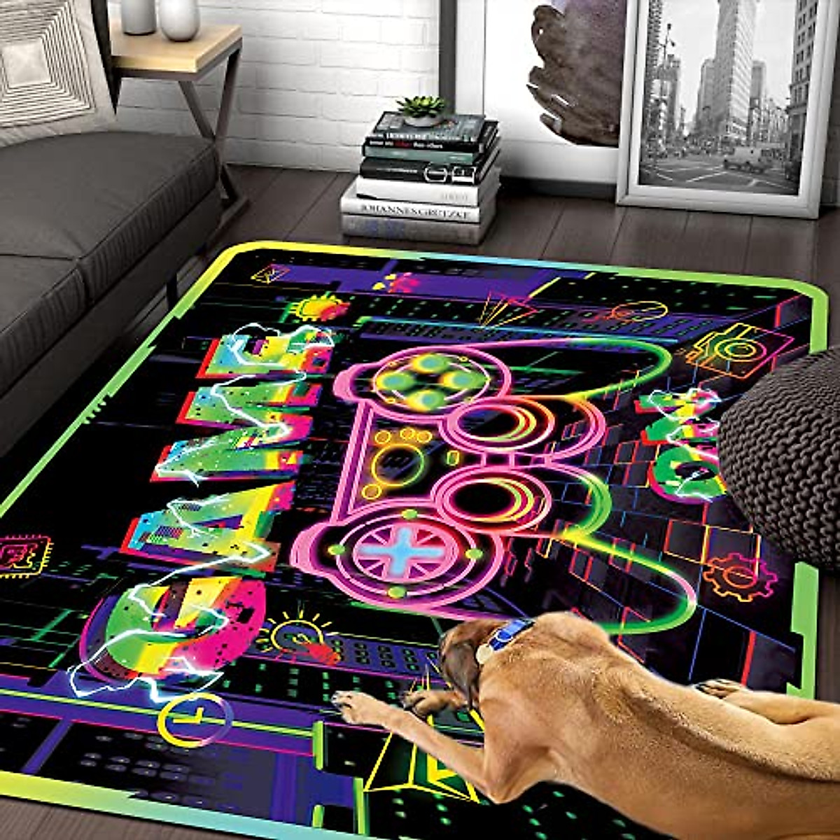 Csivoisw Gamer Area Rug Gaming Rug for Boys Bedroom Blacklight Game Printed Carpet Glow in The Dark Gamer Rug Playroom Large Non-Slip Rug Teen Boys Girls Game Room Floor Mat 60x39 Inch