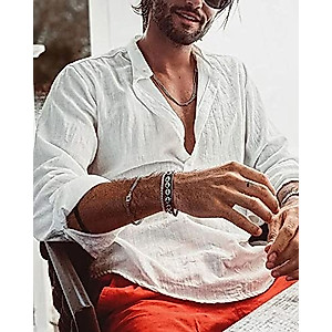 Hakjay Cotton Linen Shirts for Men Casual Shirts Long Sleeve Henley Beach Shirts Hawaiian T Shirts for Men White Large
