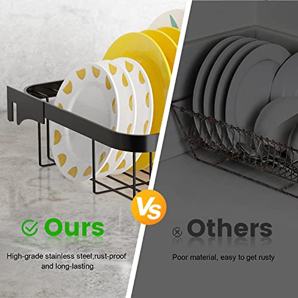 MERRYBOX Over The Sink Dish Drying Rack, SS65-03 Adjustable Length (25.6-33.5in) and Height Over Sink Dish Rack, Dish Drainer with Dishware Holder & Hooks for Kitchen Sink Organizer Space Saver