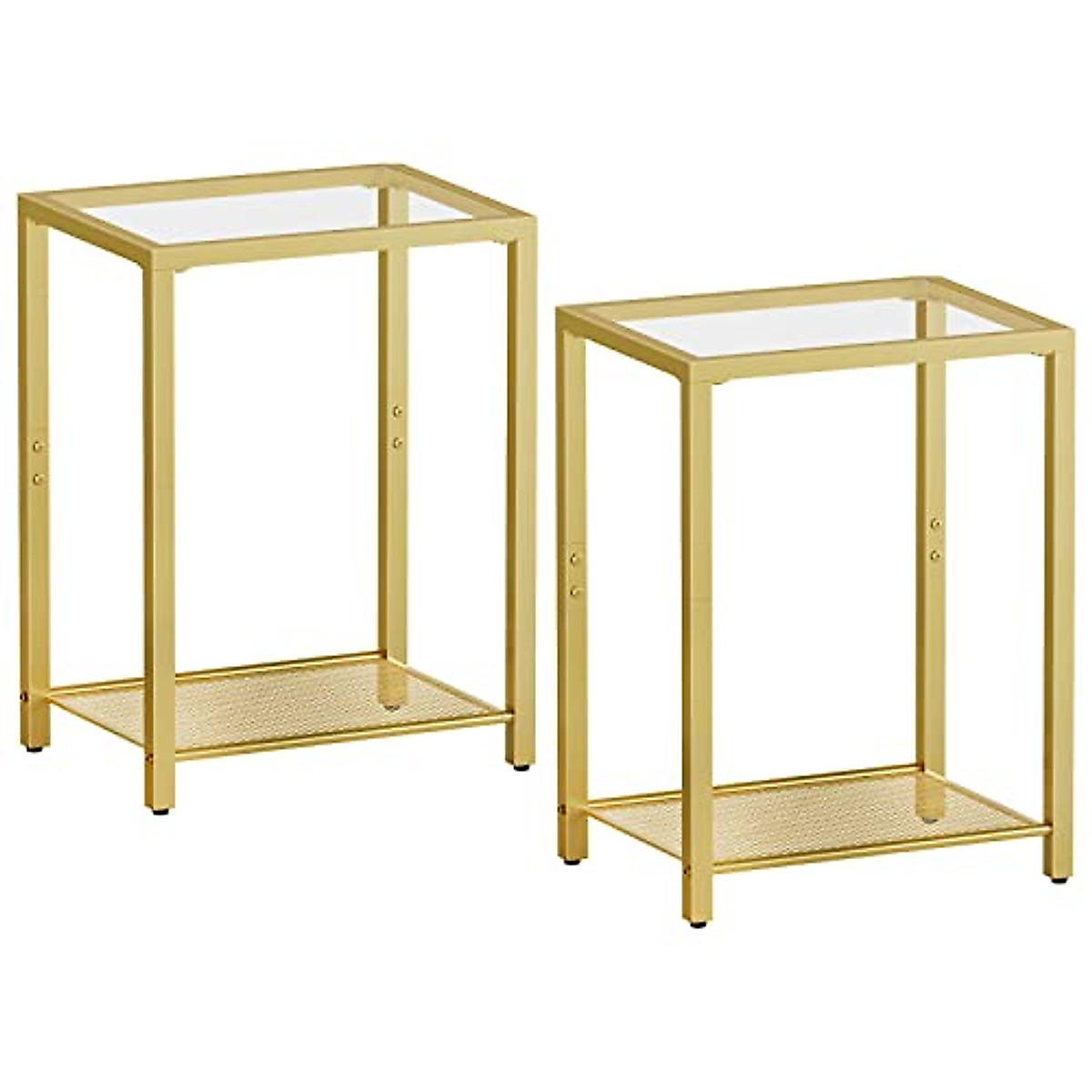 HOOBRO Set of 2 Side Tables, 2-Tier End Table, Nightstands for Tight Spaces, Tempered Glass Bedside Tables, Modern Metal Frame, for Office, Bedroom, Living Room, Study, Gold GD76BZP201